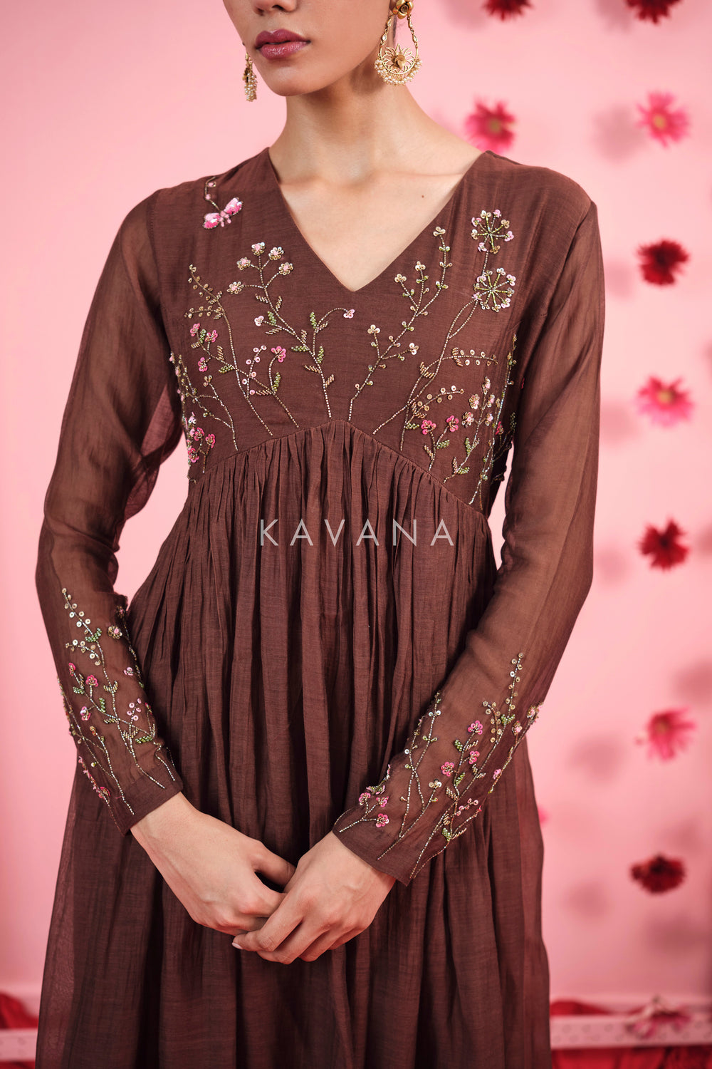 Unique chanderi kurta set in brown color with hand embroidery