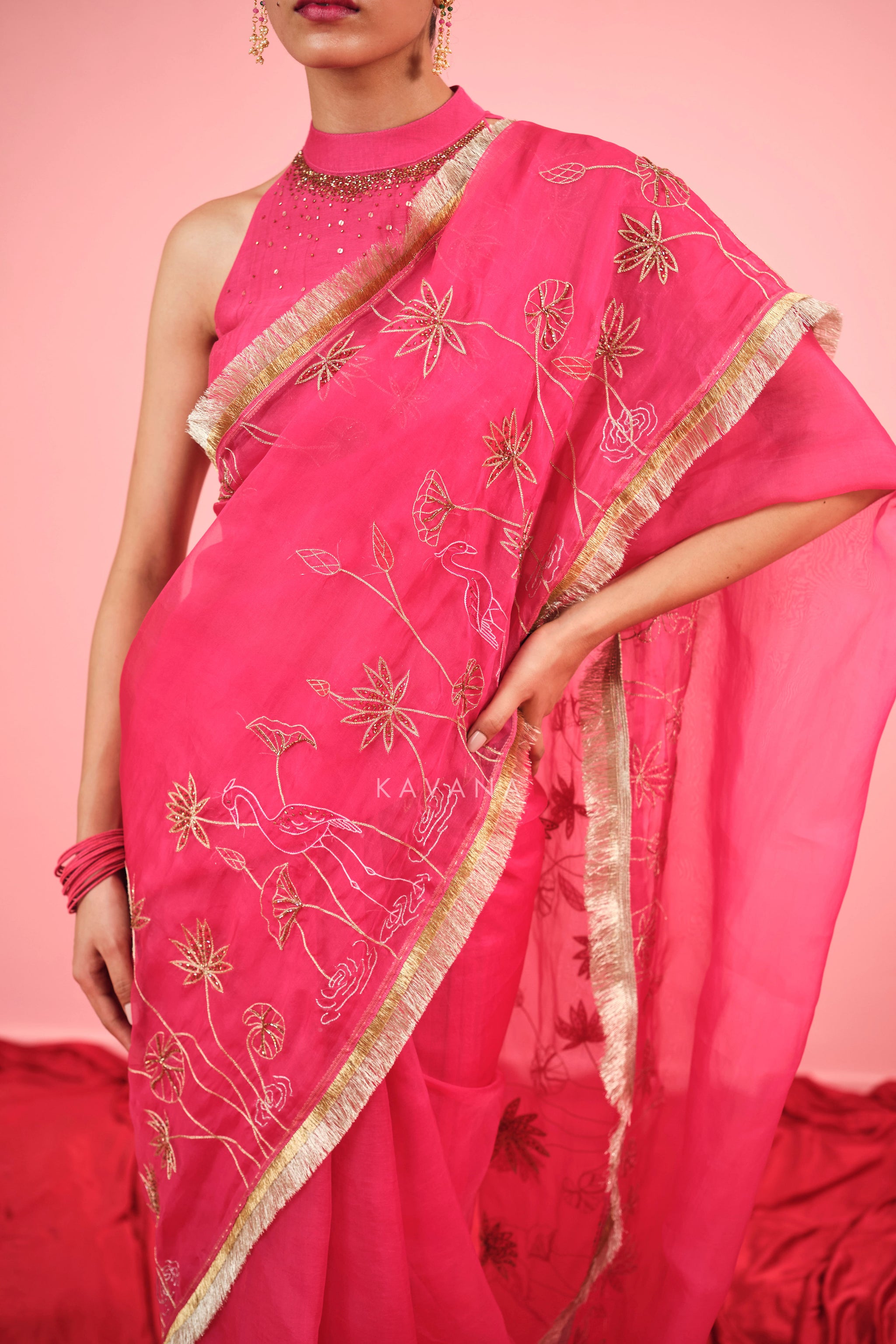 Handwoven silk organza sari with hand embroidery